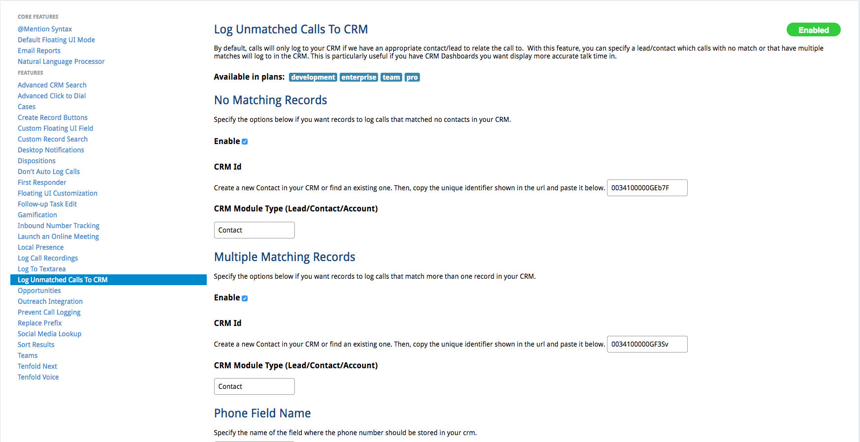 Log unmatched calls to CRM