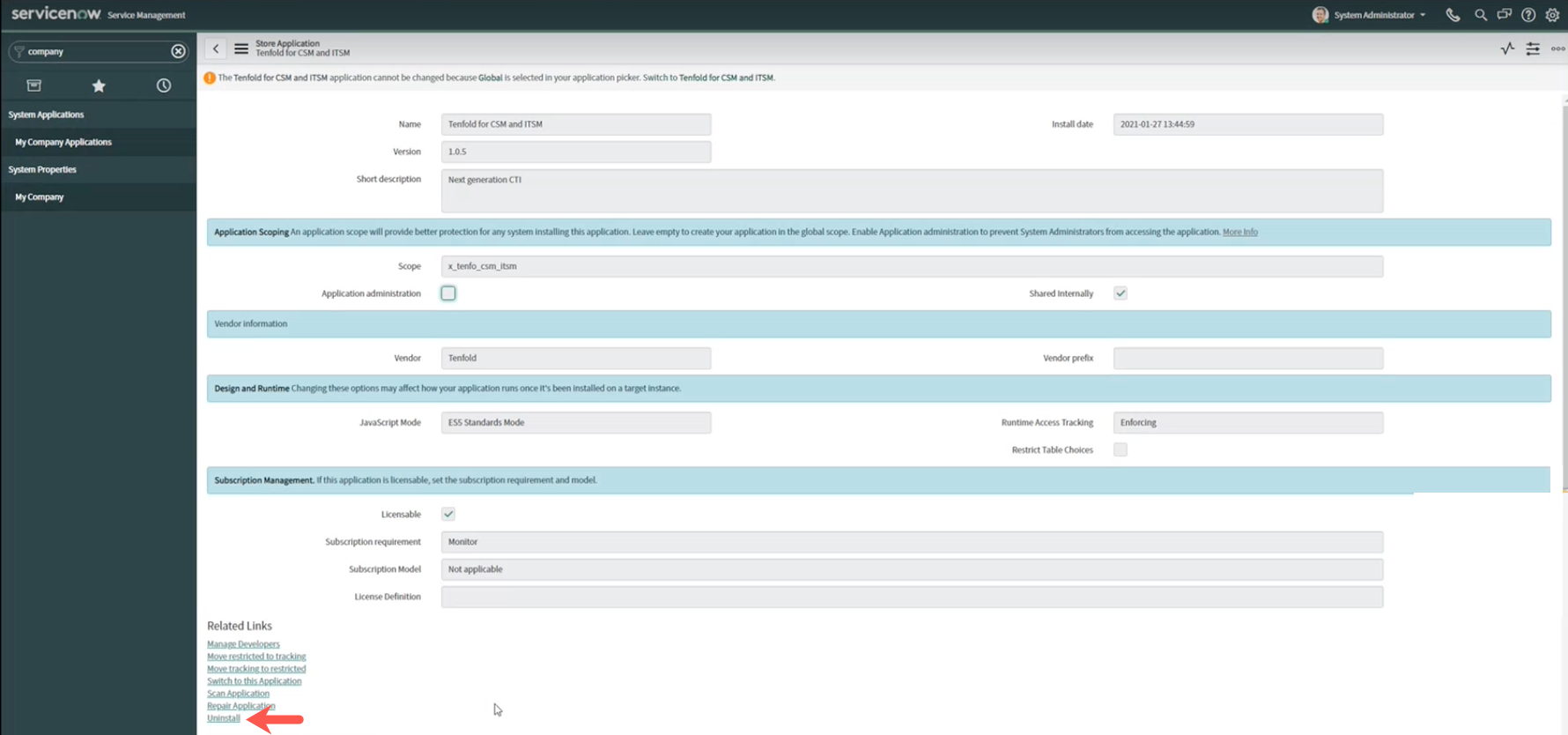 Uninstall Tenfold for ServiceNow