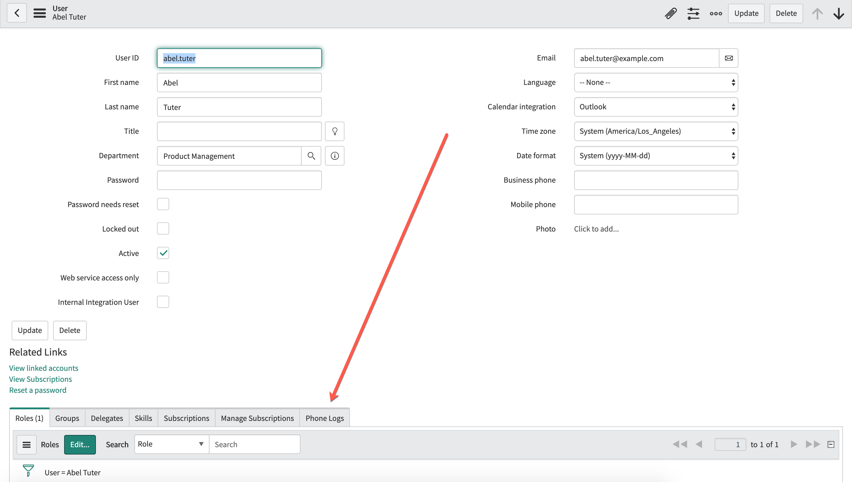 Enable the phone calls list for a user in ServiceNow