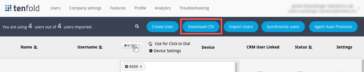 Download user information from Tenfold Dashboard