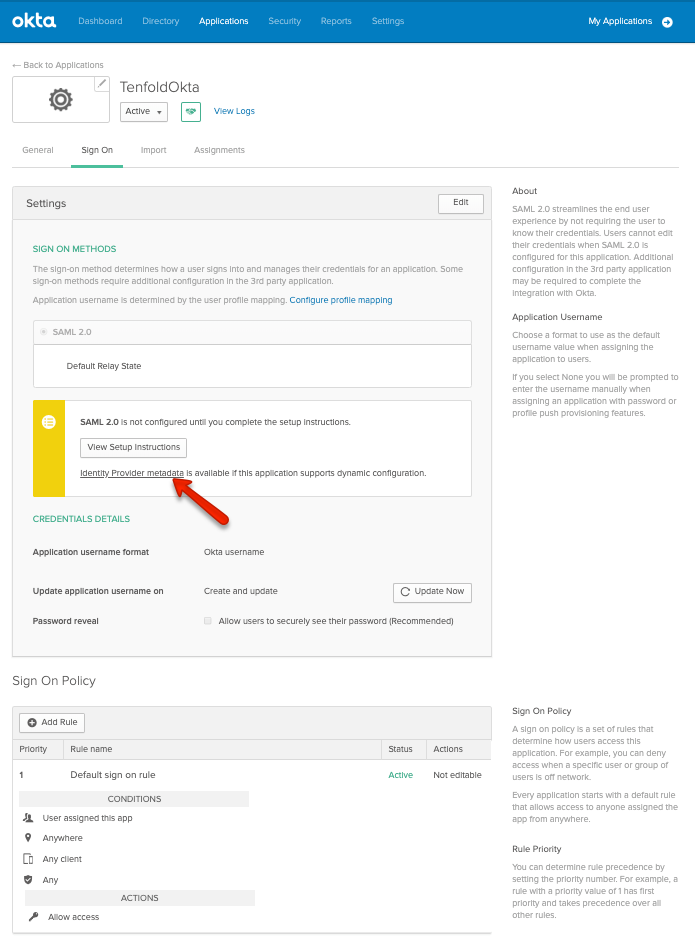 Configure Tenfold to use Okta as an identity provider utilizing SAML