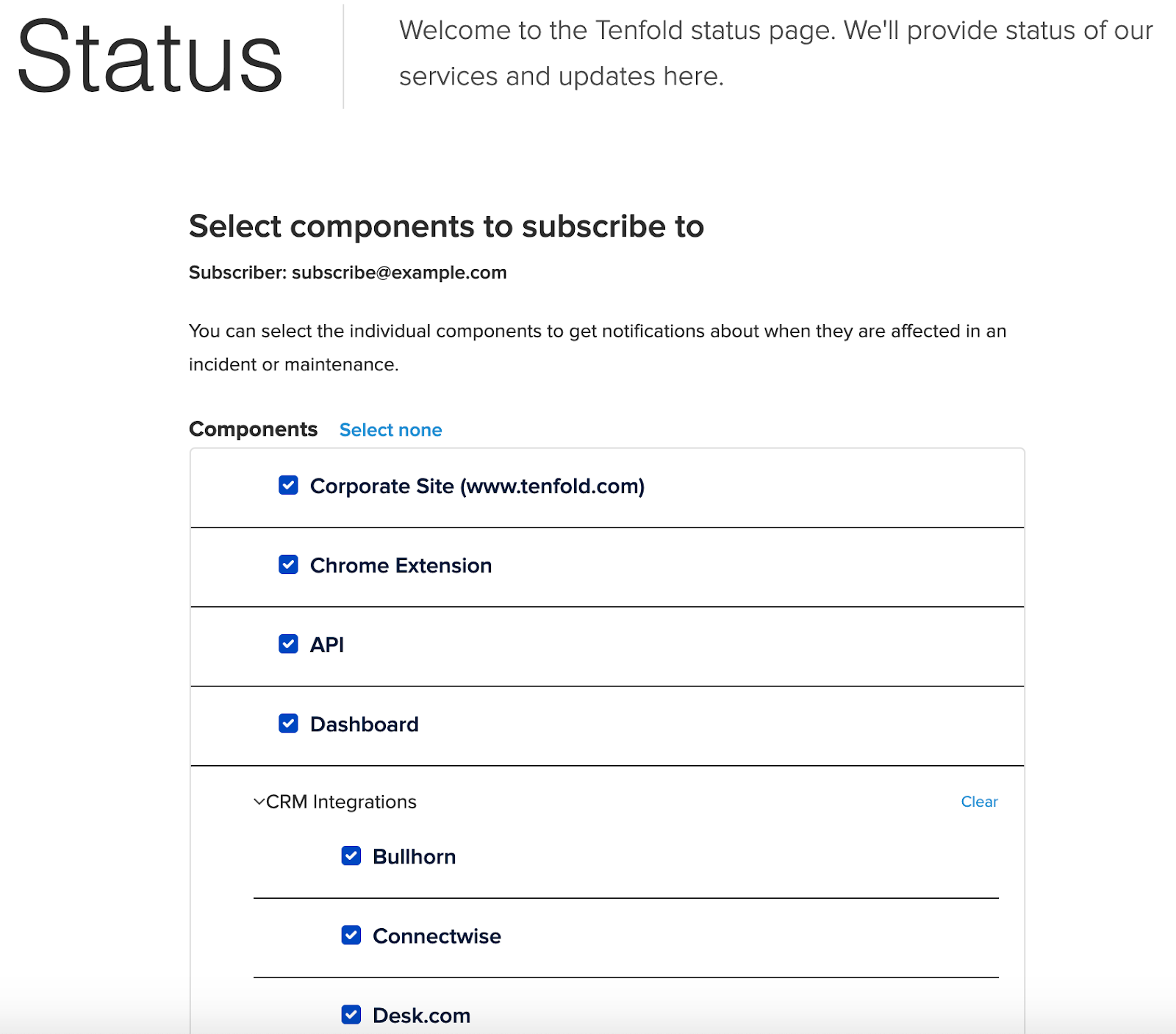 Subscribe to the Tenfold Status page