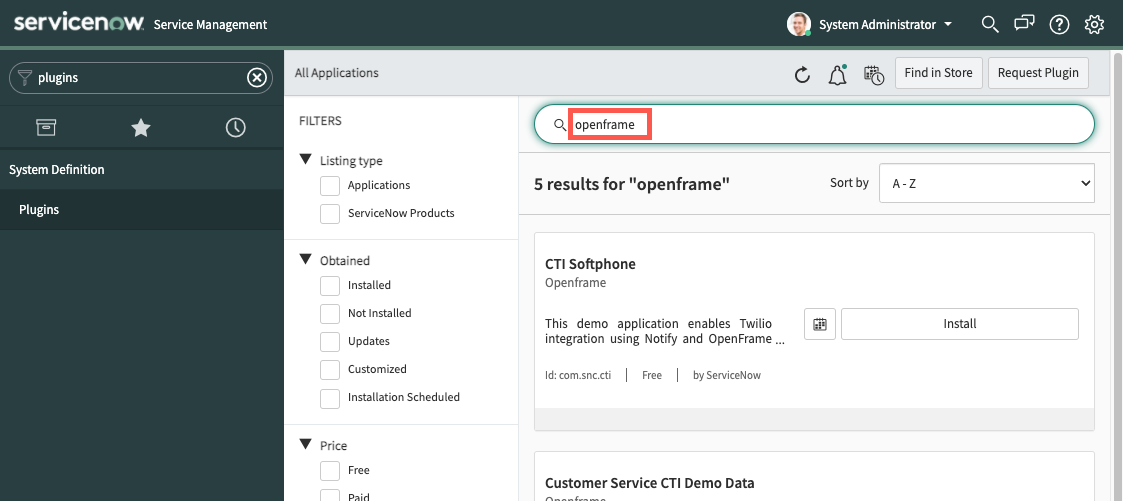 Install plugins for ServiceNow