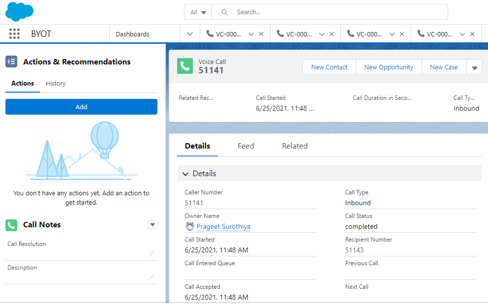 Configure the Voice Call record layout to show real-time transcription