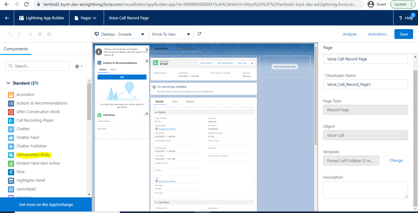 Configure the Voice Call record layout to show real-time transcription
