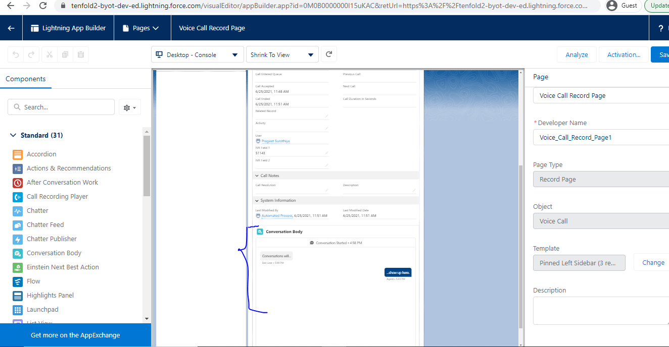 Configure the Voice Call record layout to show real-time transcription